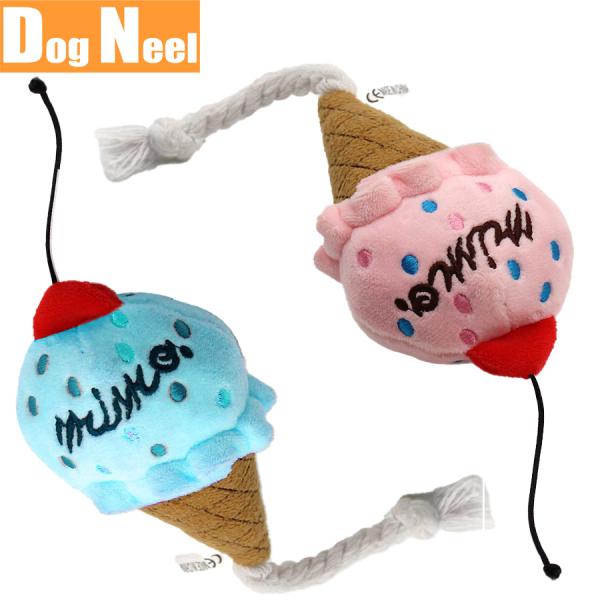 DOG NEEL ドッグニール 犬のおもちゃ アイスクリーム ふわふわスクイーズ 音笛付き かわいいデザインのスクイーカートイ！柔らかい素材のぬいぐるみは、噛むたびに音が鳴ってワンちゃん大興奮！コーンの下にはロープも付いています！