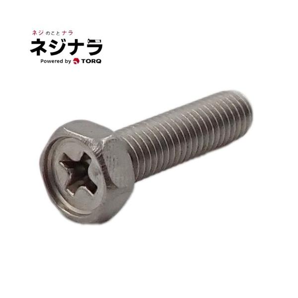 頭部に凹みと十字穴を持つ六角ボルトです。スパナとプラスドライバーで二通りの締め方ができます。