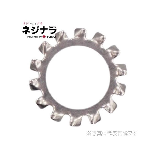 外側に歯を絞り上げた突起のついている座金です。 歯が部材に食い込むことによりゆるみを防止します。菊座金、ロックワッシャー、スターワッシャーなどと呼ばれます。