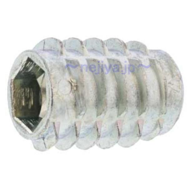 鬼目ナットPタイプ 　M6X20木工用埋め込みナット●部品強度が弱く、雌ネジを作れない部分に挿入して使用します。●挿入方法は、ネジ込み式です。［参考下穴径］8.5〜8.9[レンチ径］6