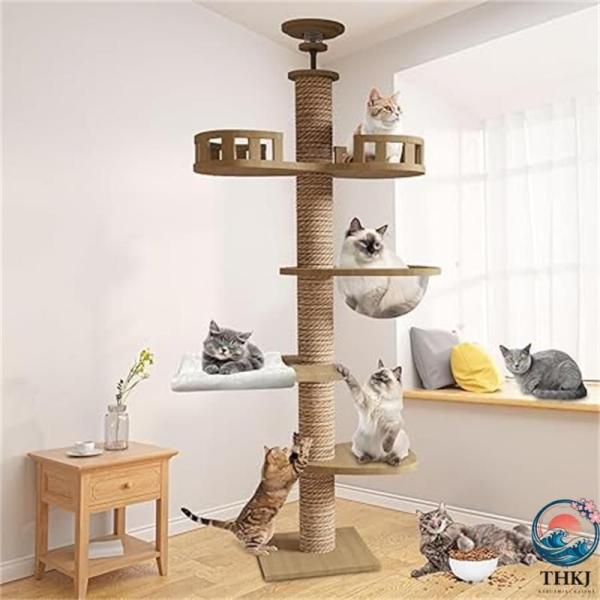 【頑丈で安定している】このキャットタワーは大型猫用に設計されており、頑丈な木製の構造を採用しています。直径12cmのサイザル麻ポールは、猫の爪とぎに最適で、家具や壁を傷つけることなく、猫が自由に爪を研ぐことができます。高さ調節可能な設計によ...