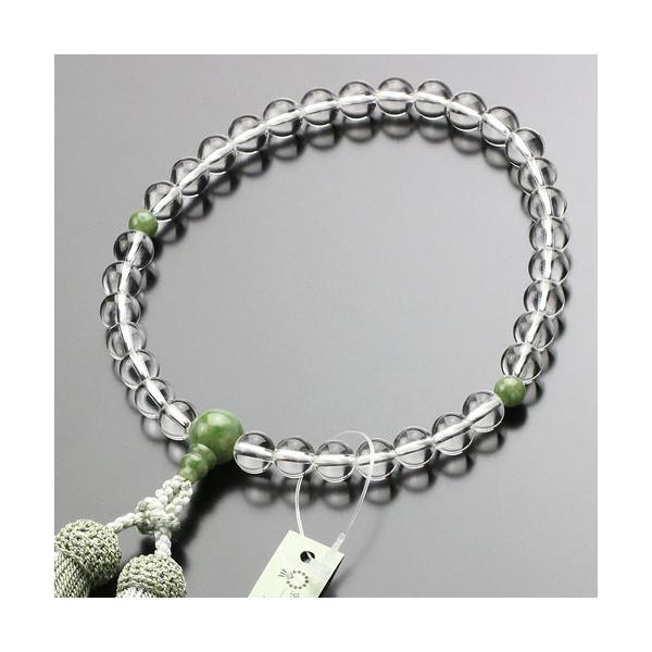 すべての宗派のお客様にお使い頂ける女性用のお数珠でございます。素材には、上質の本水晶を使用いたしました。上質の水晶は、写真の通り輝きが違います。アクセントには、独山玉(どくさんぎょく)を使用しております。独山玉は、数珠素材の王道、ビルマ翡翠...