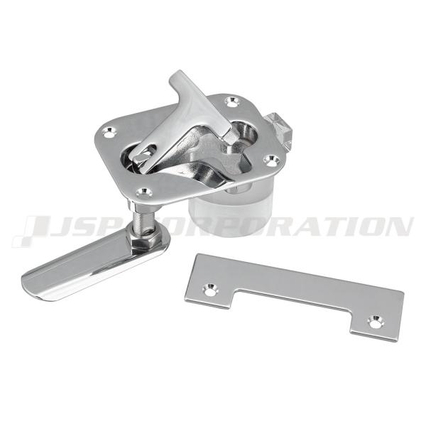 ■サイズ：97×76mm、ストッパー長さ：95mm■素材：クロームメッキブロンズ製●ハッチに埋め込み、Ｔ型ハンドルを持ち上げ開閉を行います。●ストッパーを受ける金具が付属しています。●厚さ51mmまでのハッチに使用できます。