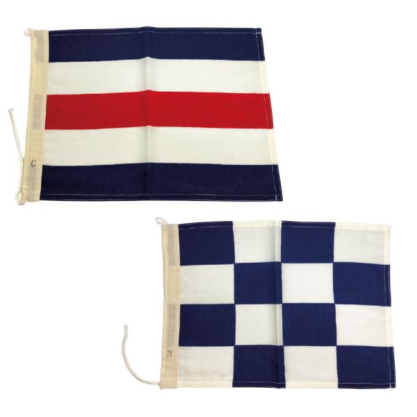 ■サイズ：30×40cm● 国際的に取り決められた信号旗。●A〜Zまでの文字旗と0〜9までの数字旗との2種類があり、小型船舶には文字旗のうちC旗とN旗が必要です。●例：N旗を上に、C旗を下にかかげると、昼間用の遭難信号となります。●旗の上下...