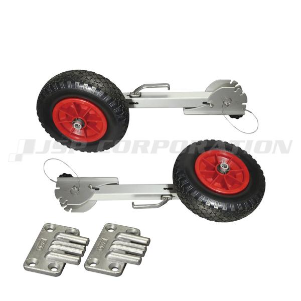 ■タイヤタイプ：6インチ■タイヤサイズ：Φ30cm■全長：775mm■重さ(片側)：3.2kg■シャフト材質：アルミ(アルマイト処理)■支柱サイズ：40mm■シャフト径：25mm●ボートの運搬に必須のボートドーリーです。●タイヤは空気漏れの...