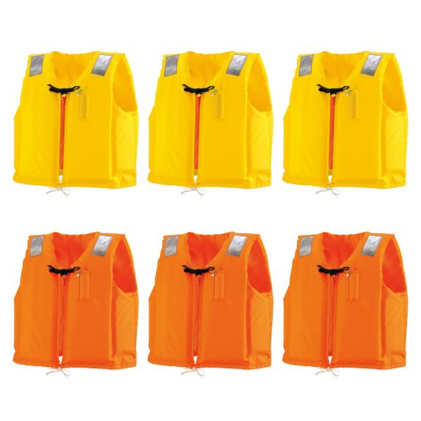 ■カラー：オレンジ、イエロー■入数：3■小型船舶用救命胴衣■型式承認番号　第3670号■サイズ：胴囲/120cmまで　適応体重/90kgまで■浮力：8.7kg■サイズ：縦55×横幅52×厚み5.5cm■材質：(表生地)ポリエステル、(浮力材...