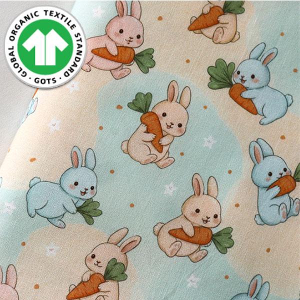 ( コットン ) オーガニックバニーのいちにち  コットン│  GOTS(R)認証の生地【 抗菌防臭加工済 】【 商用利用可 】メール便（ゆうパケット）なら6個まで可能+販売サイズ：110cm x 45cm　+素材：コットン100％+厚み：...