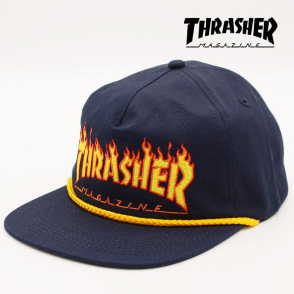 【検索ワード】スラッシャー キャップ THRASHER MAGAZINE FLAME ROPE SNAPBACK CAP 144581 Navy フレイム ロープ スナップバック 帽子 紺 ネイビー スケーター スケボー メンズ レディース...
