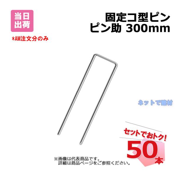 ●商品説明・商品名 固定コ型ピン ピン助・サイズ　 約φ 4 mm × 300 mm・素材　鉄（表面処理：電気亜鉛メッキ）・入数　50本 (1袋)・用途 防草シート等を固定打ち込み易い剣先タイプで、しっかりと差し込むことが出来ます。固定コ型...