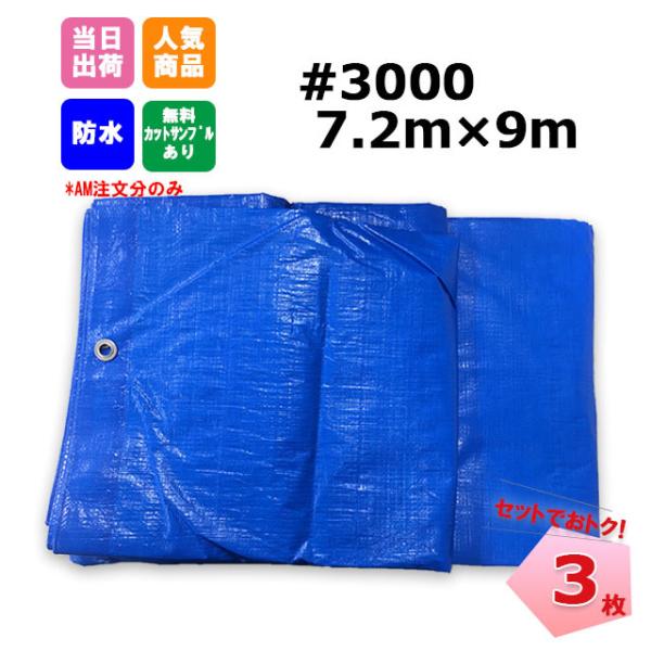 商品名 ブルーシート 厚手 #3000サイズ 7.2m×9.0m 仕上がり寸法 6.9m×8.9m入数 3枚・厚手で耐久性に優れた＃3000番手・養生や目隠し、雨・風からの保護によく使われます。・引っ越しや災害時などにも重宝します○注意○呼...