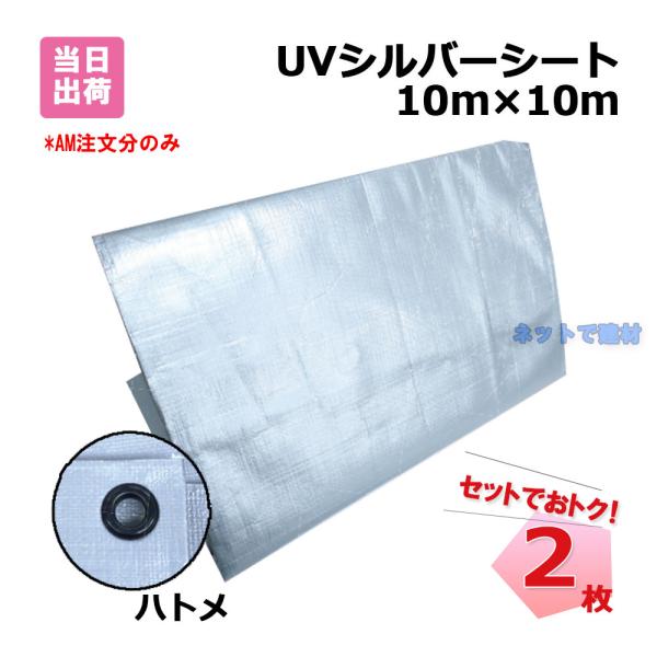 【商品名】UVシルバーシート【規格】#4000　厚手【サイズ】 10m×10m【ハトメ間隔】900ｍｍピッチ【ハトメ素材】ポリカーボネート【入数】2枚【色】シルバー耐候性に優れた屋内外の作業シート多用途で便利なシートです。丈夫で長持ちで耐久...
