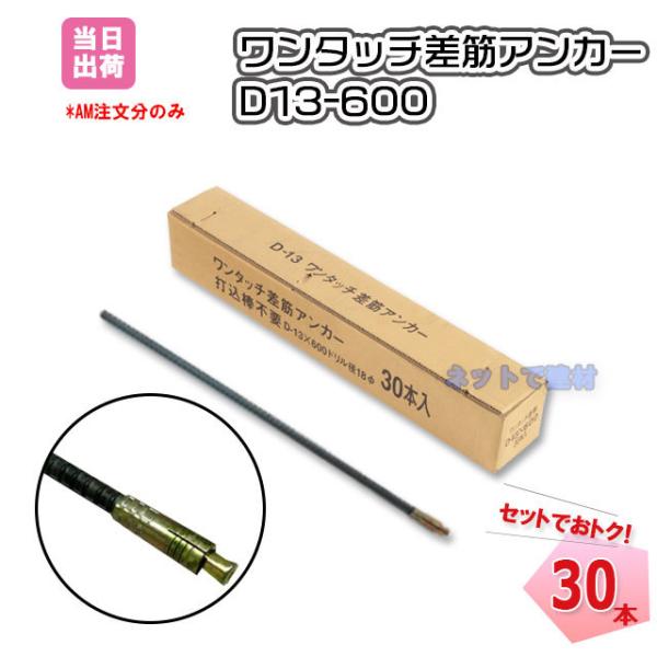 商品名：ワンタッチ差筋アンカー型番：D13-600規格：サイズ:13mm×600mm　　　下穴径（ドリル径） 18mm入数：30本用途：間仕切り用差し筋、土間スラブ、建築かさあげ工事等アンカー拡張部と鉄筋コンクリート用棒鋼が一体となったスリ...