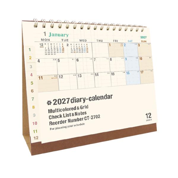 方眼が入って書き込みやすい卓上カレンダーです。日々のスケジュール管理や日程調整に便利♪シンプルでインテリアにぴったり◎【仕様】本体サイズ：約H155×W180mm13枚綴り5mm方眼六曜表記2027デスクカレンダー　2027年卓上カレンダー...