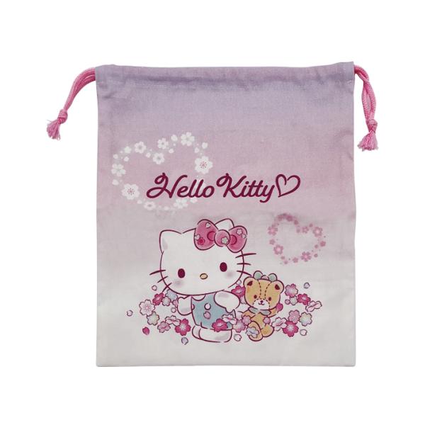 ハローキティの可愛い巾着です。コップ・歯ブラシ・カトラリーセットなどいろいろな小物入れに使える♪使用しない時は折りたたんで簡単に小さく収納できる◎【仕様】本体サイズ：約W180×H220mm材質：綿日本製コップ袋　小物入れ　給食　子供　こど...