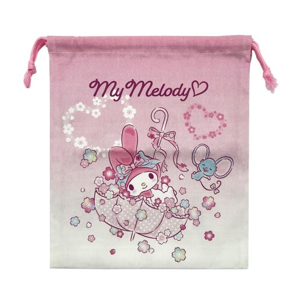 マイメロディの可愛い巾着です。衣類やシューズを収納できる！体操服やタオル、23cmまでのシューズ入れるのにぴったりなサイズ♪使用しない時は折りたたんで簡単に小さく収納できます◎【仕様】本体サイズ：約W265×H295mm材質：綿日本製体操服...