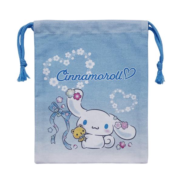シナモロールの可愛い巾着です。コップ・歯ブラシ・カトラリーセットなどいろいろな小物入れに使える♪使用しない時は折りたたんで簡単に小さく収納できる◎【仕様】本体サイズ：約W180×H220mm材質：綿日本製コップ袋　小物入れ　給食　子供　こど...