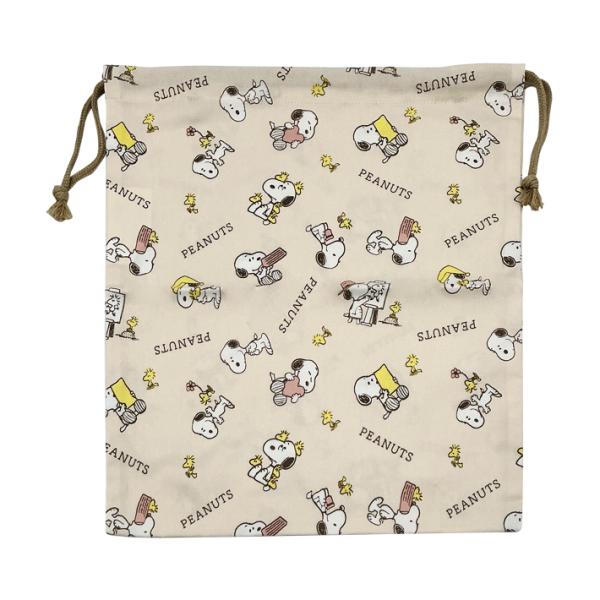 スヌーピーの可愛い巾着です。衣類やシューズをたっぷり収納できる大きめサイズ♪体操服はもちろん、大きめの学習道具などを入れるのに便利◎【仕様】本体サイズ：約W310×H350mm材質：綿日本製体操服袋　体操着入れ　上履き　靴　シューズ　給食袋...