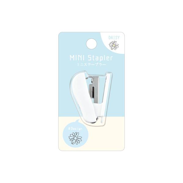 ペンケースに入れやすいミニマムサイズのステープラーが登場♪天面のワンポイントがかわいいデザイン◎【仕様】パッケージサイズ：約W50×H90×D20mm材質：PS(プラスチップ部)、ステンレス(金属部)10号針対応コンパクト　小さい　ミニサイ...