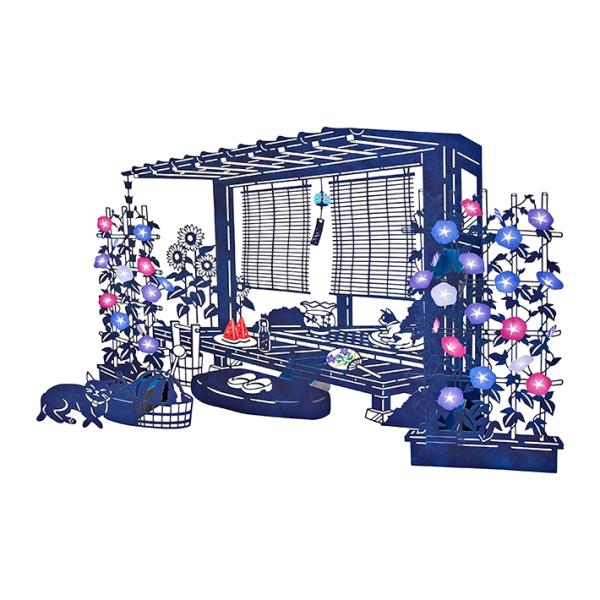 レザーカットが美しいグリーティングカードです♪朝顔が咲く縁側を繊細なレザーカットで表現しました◎立てて飾れるので、季節のインテリアとしてもオススメです◎ミニカード付きでメッセージが書けます◎郵送時に便利な封筒付き◎※郵送の際は切手をお貼りく...