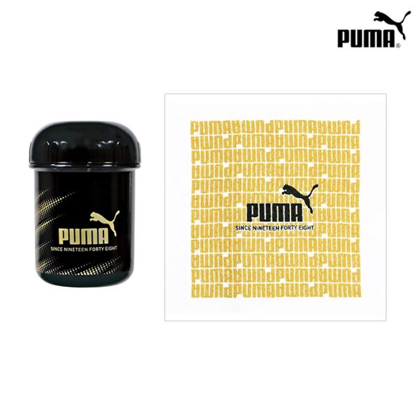 シンプルでスタイリッシュなPUMAのおしぼりセットです♪コンパクトで持ち運びしやすいプラスチックのケース付き◎ケースのフタはネジ式で外れにくい◎おしぼりは綿製で手が拭きやすい◎おしぼりには名前欄付き◎【仕様】ケースサイズ：約φ62×H91m...