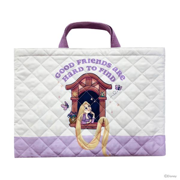ラプンツェルのキルトチャームバッグです。キルト仕様で使いやすい！お道具箱や学習教材などの大きめの物を入れて持ち運ぶのに便利♪【仕様】本体サイズ：約W410×H300mm材質：ポリエステル鞄　手提げ　持ち運び　幼稚園　保育園　小学生　子供　こ...