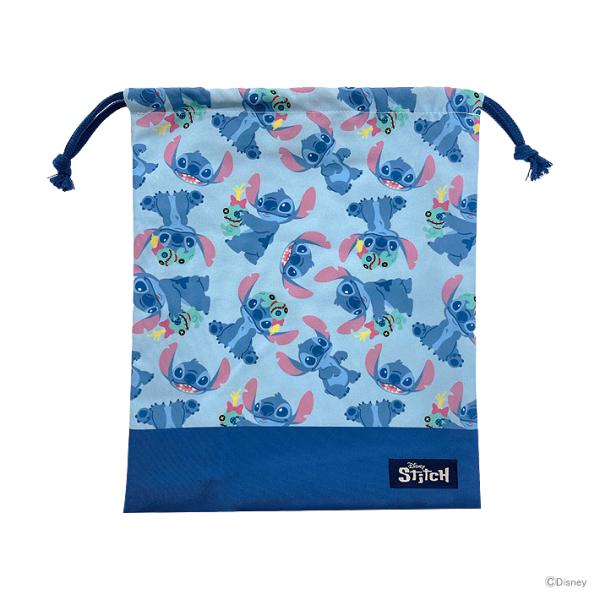 リロアンドスティッチのかわいい巾着袋です。給食袋やコップ袋、小物入れなど様々なシーンで活躍しそう♪使用しない時は折りたたんで簡単に小さく収納できる◎内側に名前を書けるネームタグ付き【仕様】本体サイズ：約W260×H300mm材質：ポリエステ...