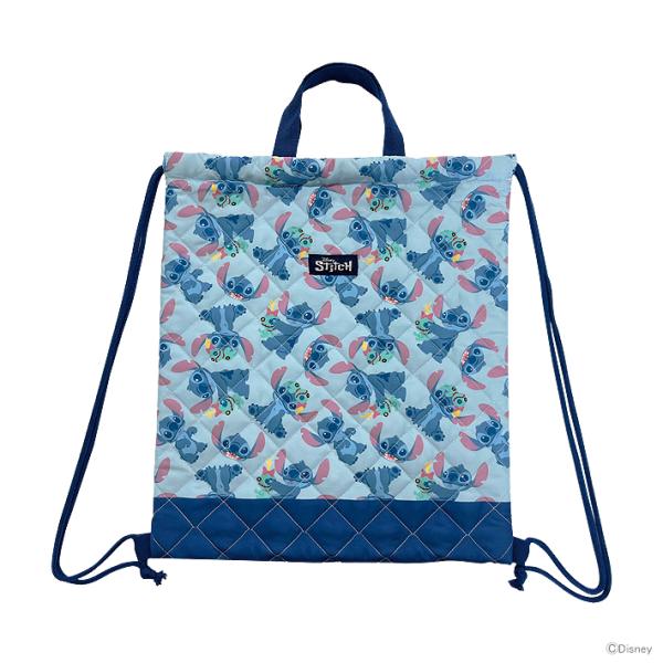 リロアンドスティッチの持ち手付きナップサックです。体操服や大きめの学習道具などを持ち運びできる！キルト製なので丈夫で軽量♪折りたたんでコンパクトに収納しておけるのもうれしい◎内側に名前を書けるネームタグ付き【仕様】本体サイズ：約W320×H...