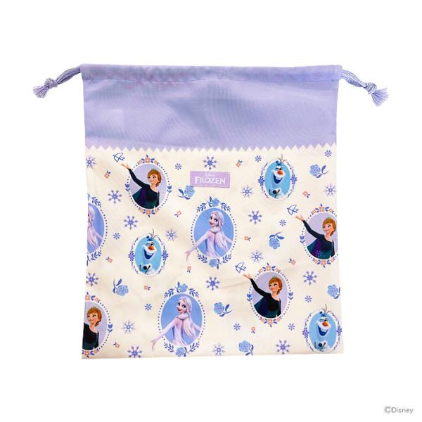 アナと雪の女王のかわいい巾着袋です。体操服やエプロン、シューズなど様々なシーンで活躍しそう♪使用しない時は折りたたんで簡単に小さく収納できる◎内側に名前を書けるネームタグ付き【仕様】本体サイズ：約W320×H360mm材質：ポリエステルネー...