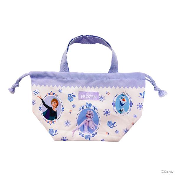 アナと雪の女王のかわいいマチ付き巾着です。底にマチが12cm付いているのでお弁当箱を入れるのにぴったり♪持ち手付きで持ち運びに便利◎内側に名前を書けるネームタグ付き【仕様】本体サイズ：約W270×H160×D120mm材質：ポリエステルネー...