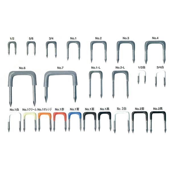 ■説明：電線配線用留釘です。■材質：本体鉄JISG3532適合、ユニクロめっき、ポリ塩化ビニル絶縁■呼び：No.1■サイズ（mm）：線径1.8×内福10.2×長さ21.0×ビニール肉厚0.5以上■適用電線：1.6×2、2.0×2■色：黒■入...