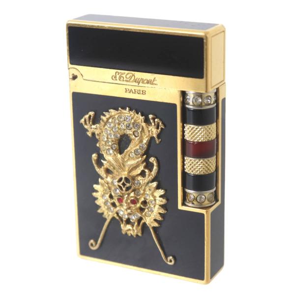 希少 S.T. DUPONT エス・テー・デュポン ガスライター ライン2  龍 ※ストーン欠けあり ブラック×ゴールド 62×37×7(mm) NT Bランク