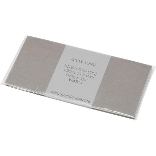 温かみのあるグレー系の紙を9種類選びました。国際規格DLサイズ（洋形長6号）。A4サイズの三つ折がぴったり収まるサイズです。心を伝える贈り物、大切な方へのお手紙に。●9枚入り（9種類各1枚）、カマス貼り、定形郵便（220×110mm）●折ら...