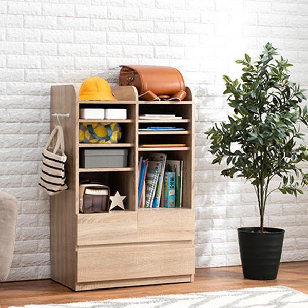 ■商品説明可動棚と引出し収納で教科書やプリント類、文房具なども収納可能。片付けの習慣づけに。■サイズ(約)幅68.5×奥行41.5×高さ107cm■素材主材:プリント紙化粧パーティクルボード■内寸及び補足説明組立式キャスター付可動棚5枚■生...