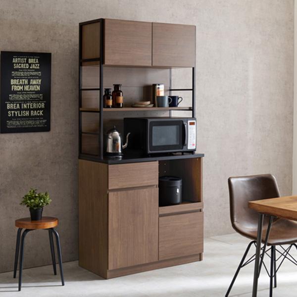 ■商品説明アイアンと木目調シートのヴィンテージな組み合わせ。家電も食品ストックもまとめて置ける大容量収納でキッチンをスッキリ整理。■サイズ(約)幅87×奥行45×高さ186cm■素材主材：スチール・プリント紙化粧パーティクルボード、天板：合...