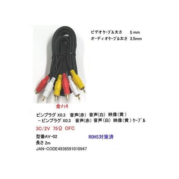 AVケーブル(映像・音声・音声)　2.0m　色：黒  RCAx3(黄/赤/白)-RCAx3(黄/赤/白)ケ−ブル　75Ω　OFC　金メッキ　3C/2V「新品・未使用」ですがポスト投函の為「袋無・バルク」発送となります再販等へはご利用頂けません