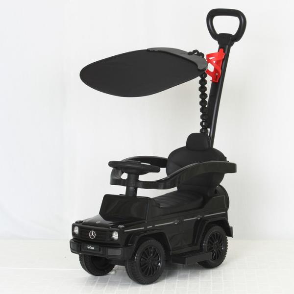 高級SUVメルセデス・ベンツG-Class押手付乗用玩具です。当店オリジナルの日よけ幌とドリンクホルダーをセットしました。ドリンクホルダーの色は選べません。実車の迫力を大型タイヤとともに再現! 押手棒で前輪を左右に操舵できます。ステップは格...