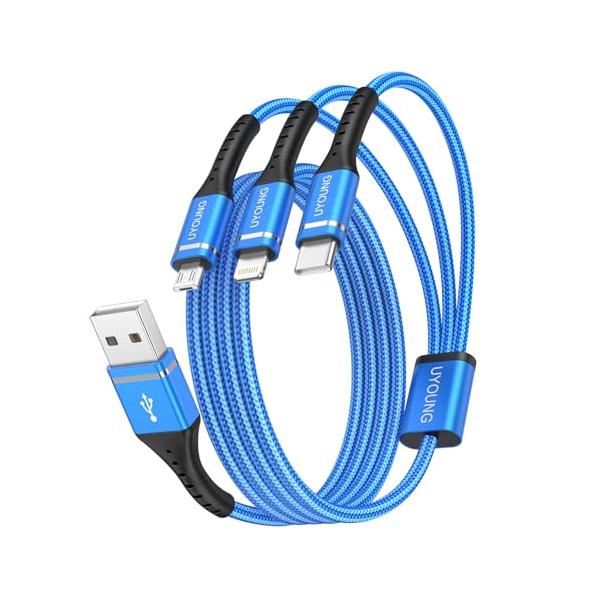 1本青/1.M/・ize:1.Mtyle:1本olor:青・3in1 充電ケーブル本製品は三合一充電線、マルチヘッド充電線です。３種類の端子ライトニングiO・ype・Micro Bを搭載しており、自宅、オフィス、車内等色々な場所で、1本だけ...