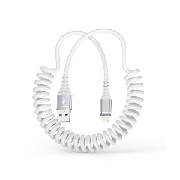 ホワイト コイル//・olor:ホワイト コイル・?? 車用 コイル ライトニングケーブル車用B用コイル状 ihone充電ケーブルは伸縮自在なデザインで、通常の長さは45cで、最大180cまで伸ばすことができ、スプリングケーブルの合理的な長...