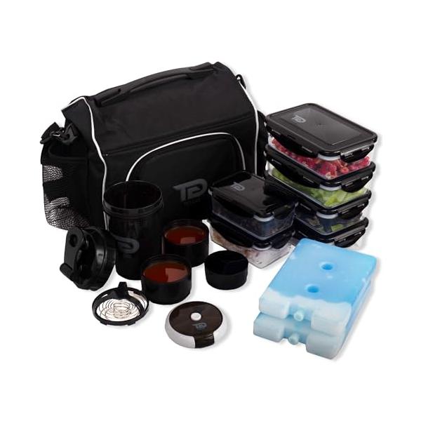 商品名: TO GO 食事準備バッグ 断熱ランチミールバッグ 6分量コントロールコンテナ付き アイスパック2個 シェーカー ピルボックス 調節可能なショルダー付き 食事用バッグ (ブラック) TO GO Meal Prep Bag Insu...