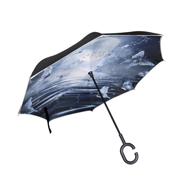 商品名:  hengpai Reverse Inverted Inside Out Umbrella Cars Fantastic Neon Blue Butterflies Unigue Windproof UV Proof Double...