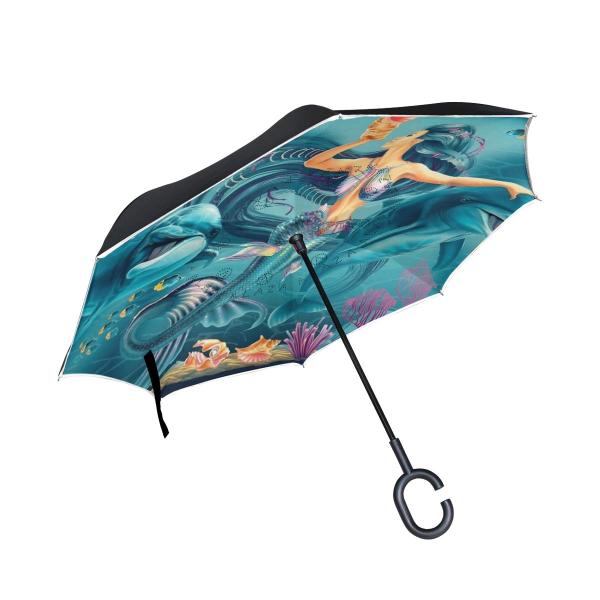 商品名:  hengpai Reverse Inverted Inside Out Umbrella Cars Fantasy Mermaid Dolphins Unigue Windproof UV Proof Double Layer ...