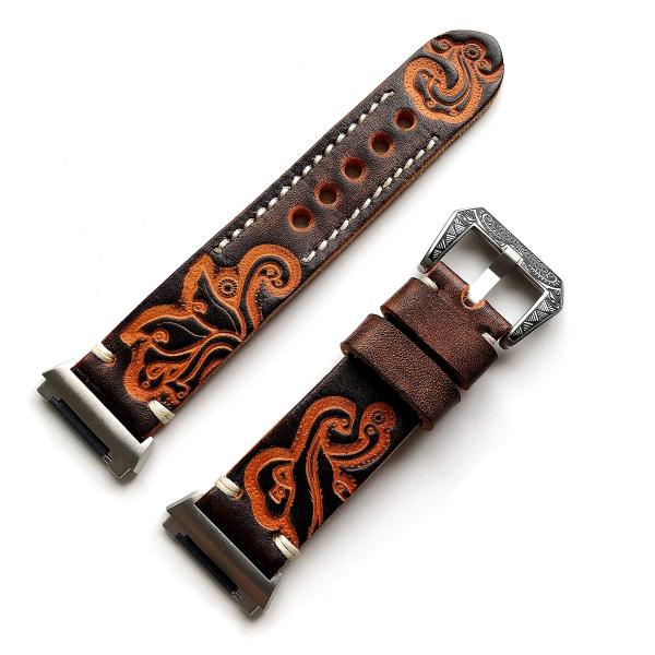 商品名:  Brown and Orange Tooled Embossed Genuine Luxury Leather Band Strap Bracelet with Engraved Buckle Compatible with F...