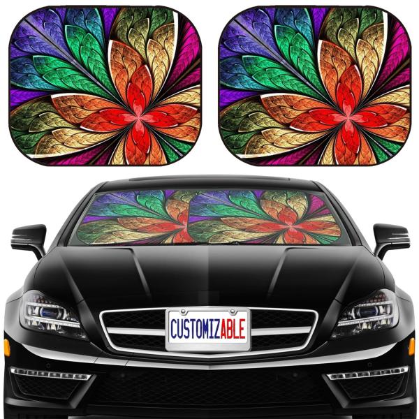 商品名: MSD 車用サンシェード フロントガラス用サンシェード ユニバーサルフィット 2個パック 日差しをブロック 紫外線と熱 車の内装を保護 画像ID：37838391 美しいマルチカラーのフラクタルフラワー ステンドグラスウィンドウス...