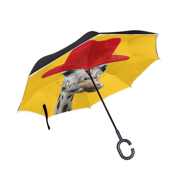 商品名:  hengpai Red Hat Giraffe Yellow Reverse Inverted Inside Out Umbrella Cars Unigue Windproof UV Proof Double Layer fo...