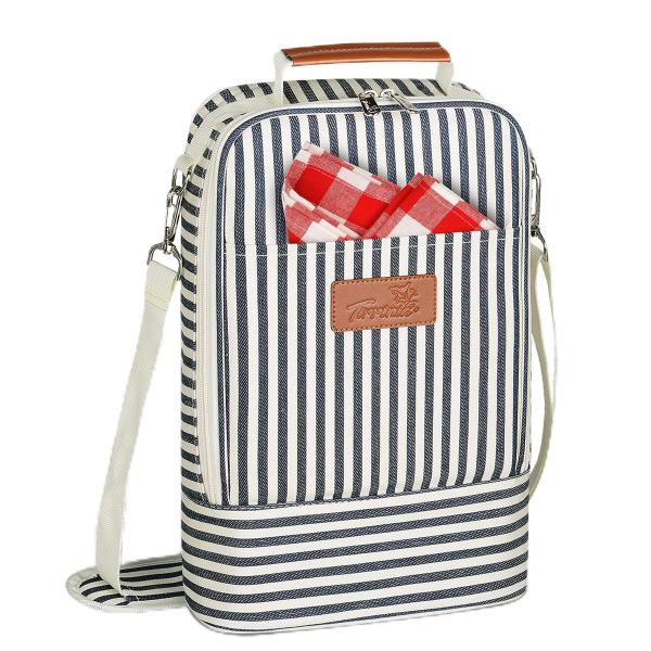 商品名: Tirrinia 断熱ワインギフトトートバッグ ワインタンブラー ガラスクーラーキャリア BYOBレストラン、ワインテイスティング、旅行、公園、ビーチ、ワイン愛好家へのギフトに最適 ブルーストライプ Tirrinia Insula...