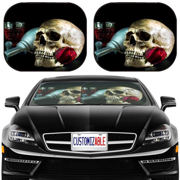 商品名: MSD 車フロントガラスサンシェード ユニバーサルフィット 2ピース カーウィンドウ用サンシェード 自動車の折りたたみ式プロテクターカバー 画像ID：25175206 人間の頭蓋骨と赤いバラのつぼみとヴィンテージガラス MSD C...