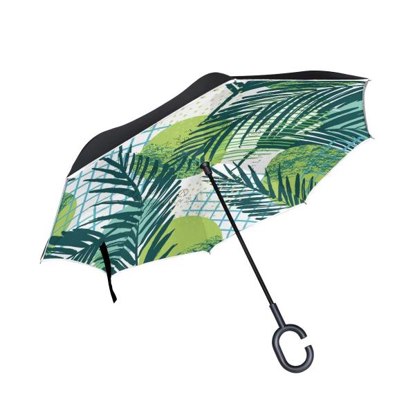 商品名:  Nander Tropical Plaid Leaf Reverse Umbrella Rain Women Double Layer Inverted Umbrella Parasol Windproof Rain Car I...