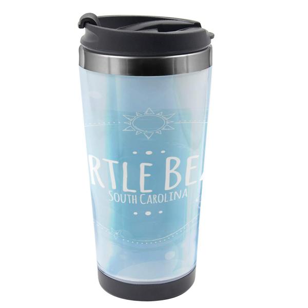 商品名:  Lunarable Myrtle Beach Travel Mug, South Carolina Beach Lettering with Sun Umbrella and Starfish Sketch, Steel The...