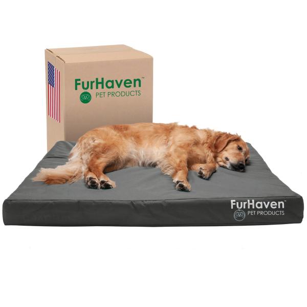商品名: FurHaven 防水メモリーフォーム犬用ベッド 大型犬用 取り外し可能な洗えるカバー付き 最大95ポンドの犬用 - 屋内/屋外 ロゴプリント オックスフォードポリキャンバスマットレス - ストーングレー ジャンボ/XL Furh...