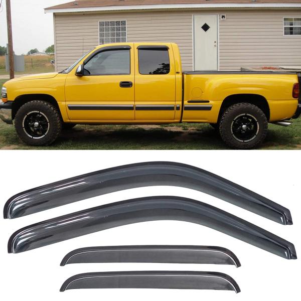 商品名: LLPTA 4個 99-06 Silverado/Sierra 1500/2500/3500 07 クラシックボディ エクステンデッドキャブ ハーフサイズバックドア フロント+リア スモーク サン/レインガード 外側マウント テー...